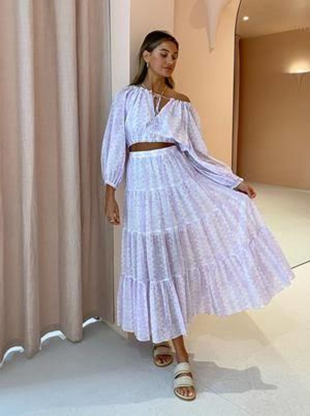 Aje Sunbeam Ruched Bustier and Cosmos Tiered Maxi Skirt Set Ivory Size ...